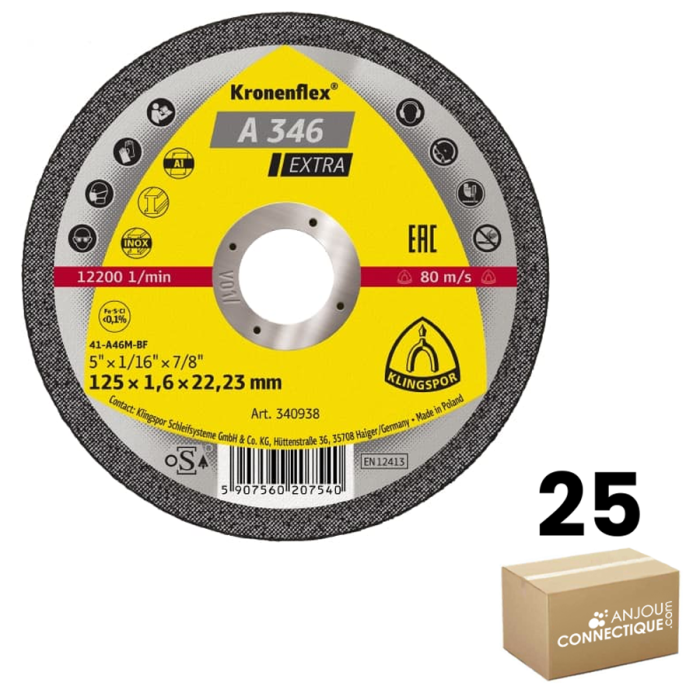 Lot de 25 Disques à tronçonner, Type A 346 EX, 115x1,6x22,23 mm
