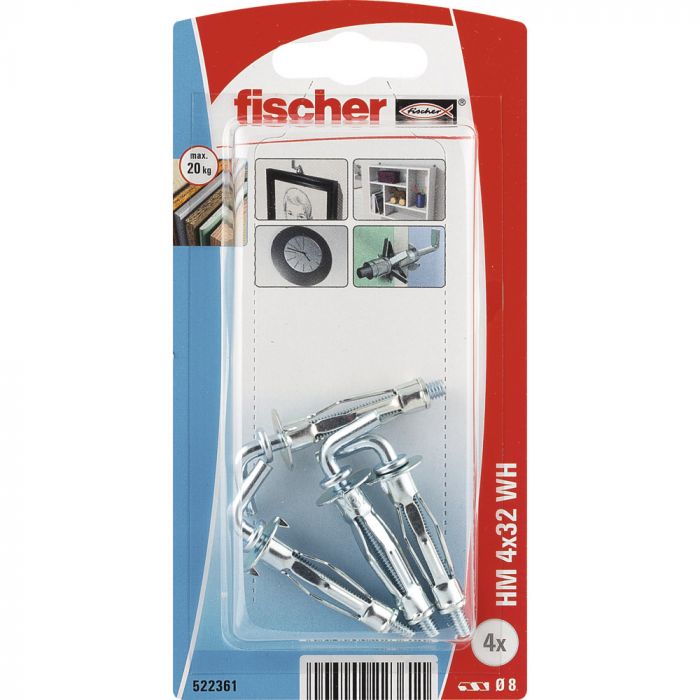 4 Chevilles métalliques HM 4x32 + 4 crochets droits Ø4mm - Fischer