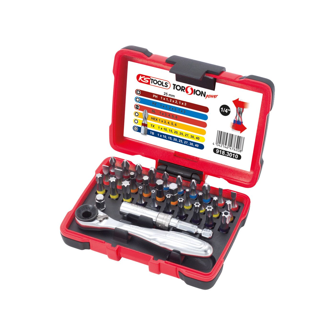 Coffret de 32 embouts de vissage 1/4'' à code couleur TORSIONpower KS Tools 918.3010